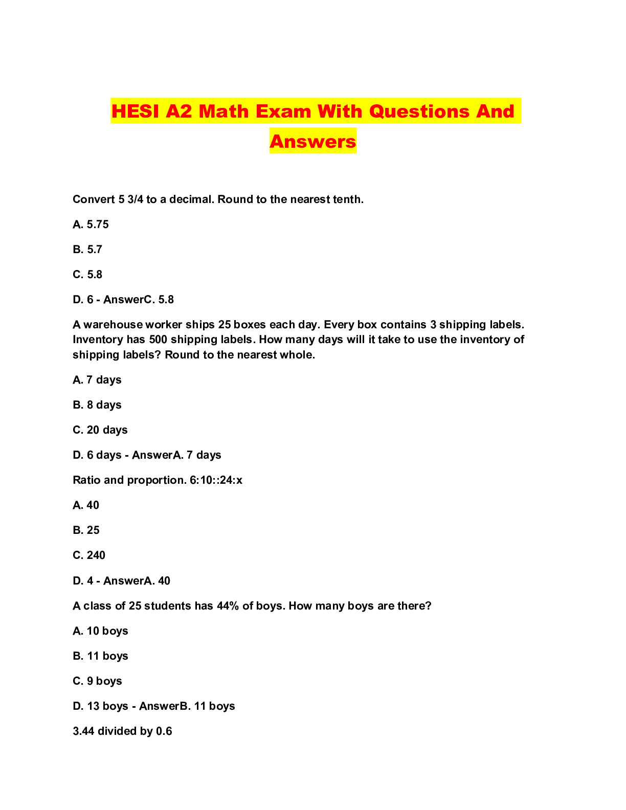 HESI A2 Math Exam With Questions And Answers - Scholarfriends HESI A2 Math Exam With Questions And Answers - Scholarfriends